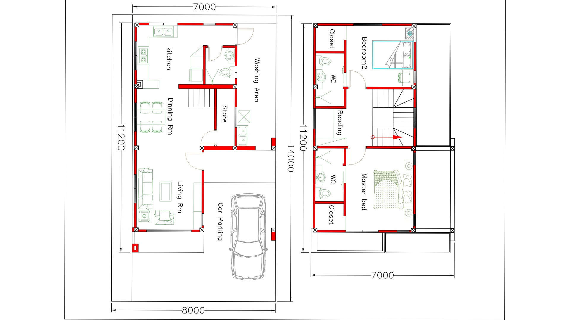 House Plans 8x14m with 2 bedrooms - SamHousePlans