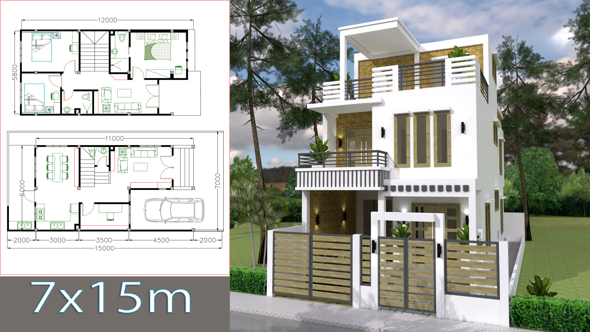 House Plans 7x12m with 4 Bedrooms Plot 8x15 - SamHousePlans