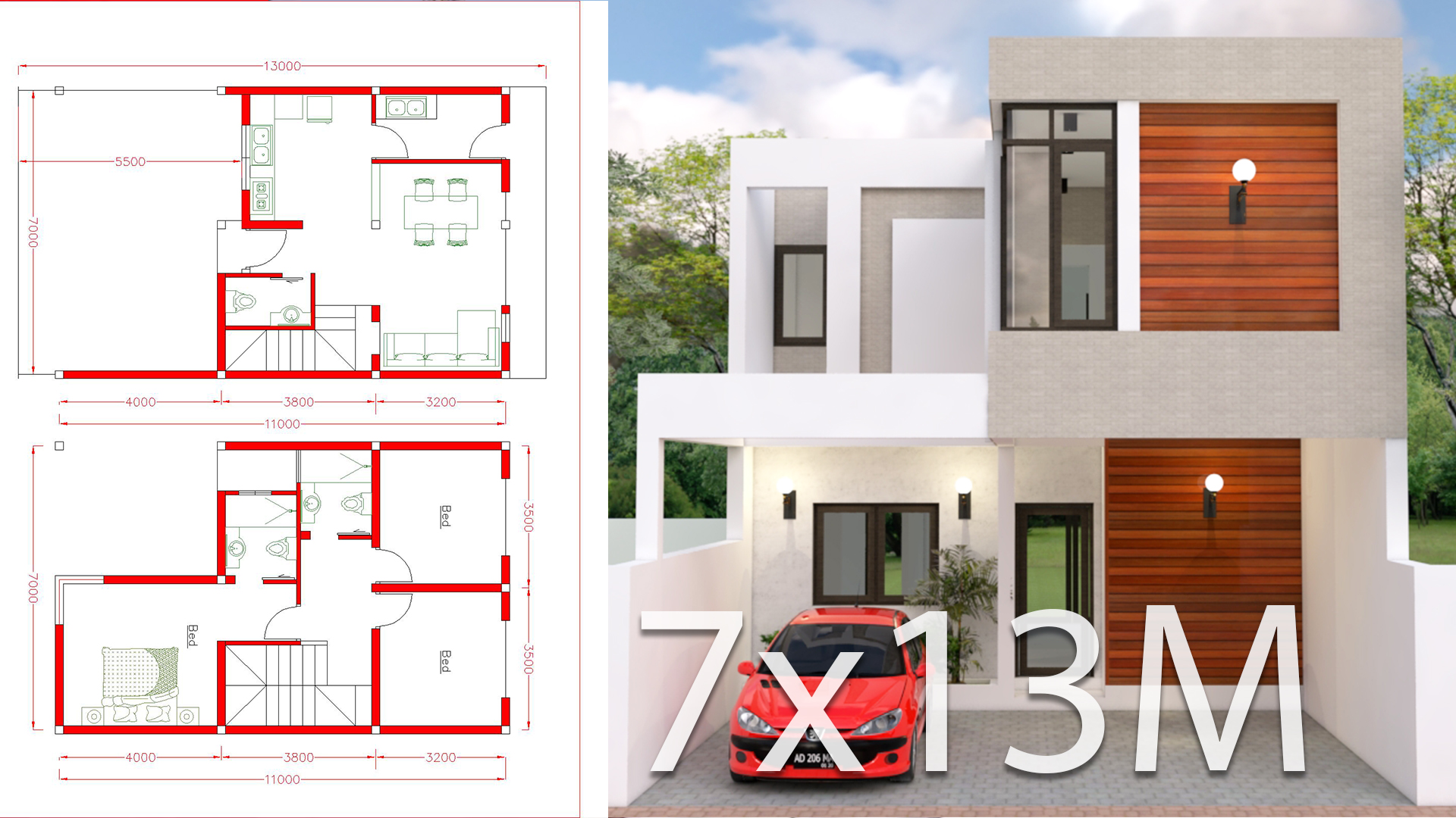 House Plans 7x15m with 4 Bedrooms - SamHousePlans
