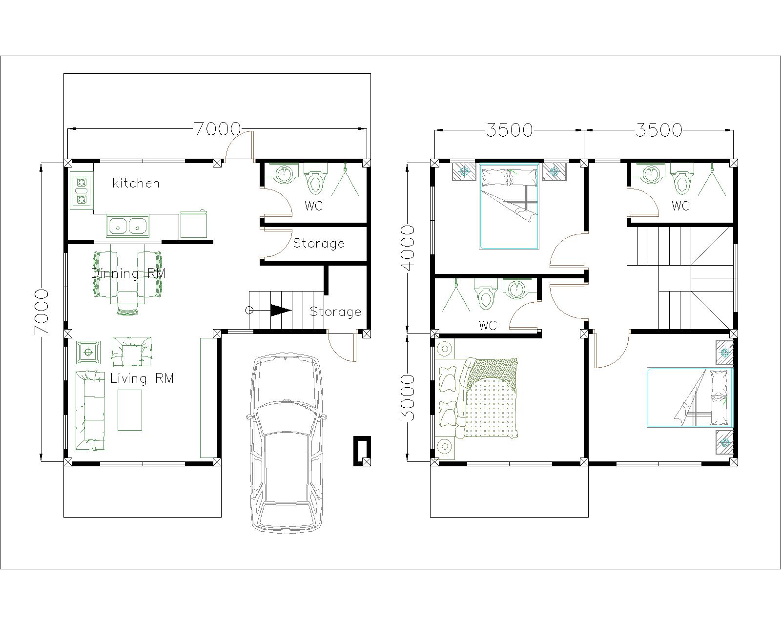 House Plans 7x7m with 3 Bedrooms - SamHousePlans