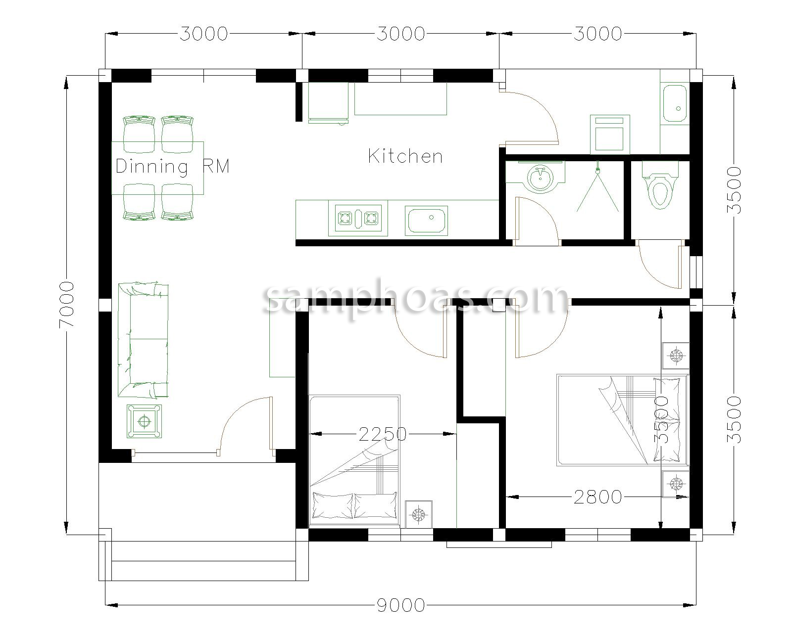 House plans 9x7m with 2 Bedrooms - SamHousePlans