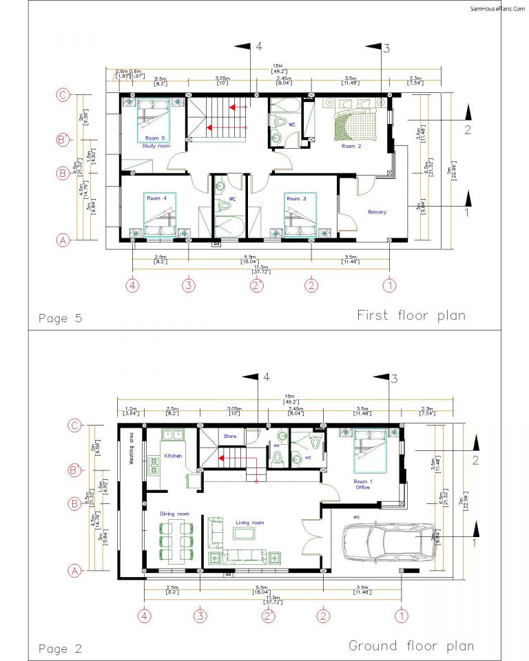 House Plans 7x15m with 4 Bedrooms - SamHousePlans