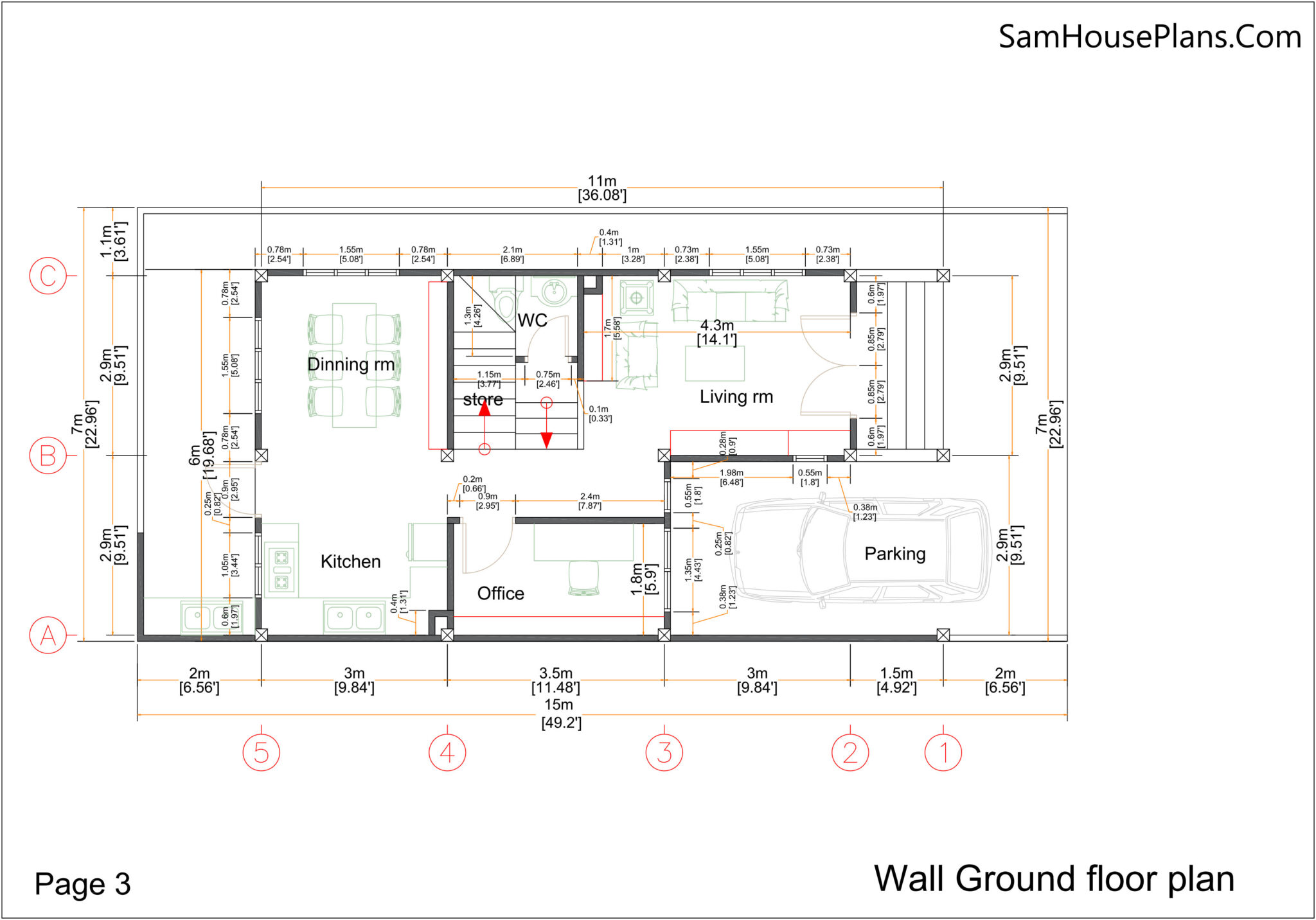 House Plans 7x15m with 3 Bedrooms - SamHousePlans