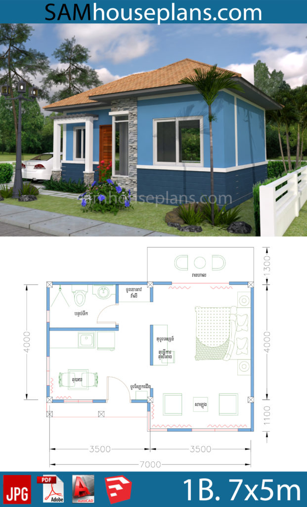House Plans 7x5m Studio Room - SamHousePlans