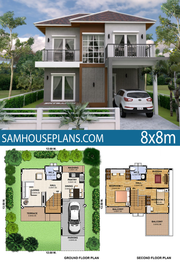 House Plan 8x8m with 3 Bedrooms - SamHousePlans