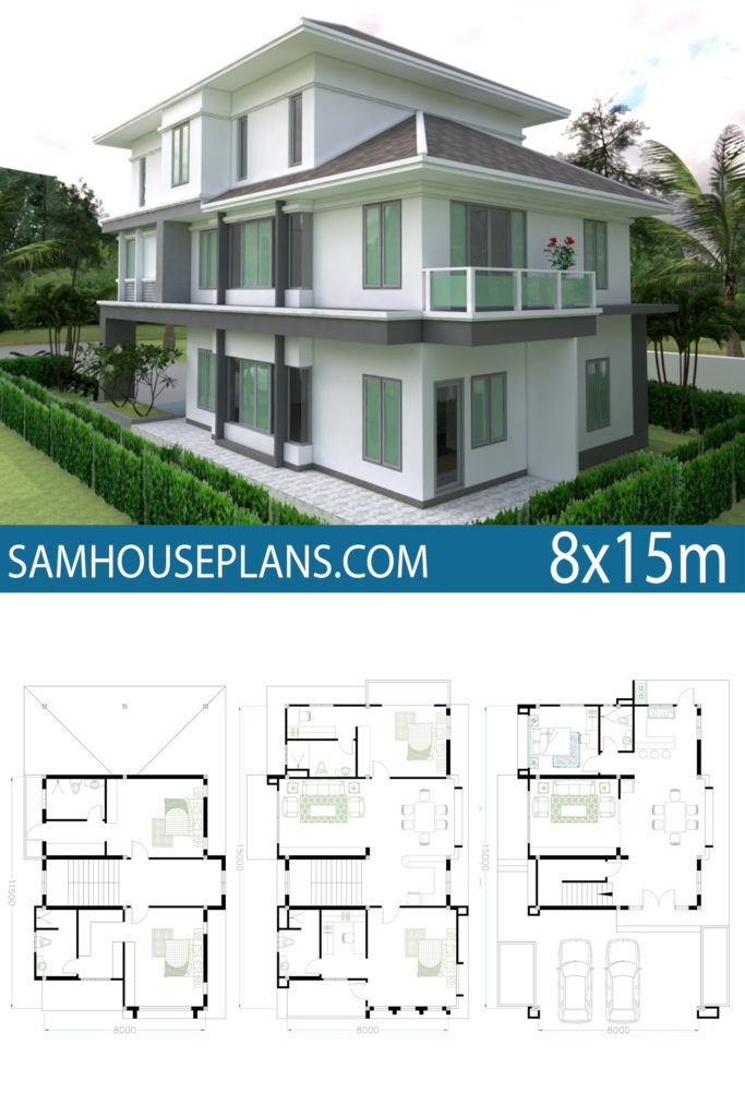 House Plan 8x15m with 5 Bedrooms - SamHousePlans