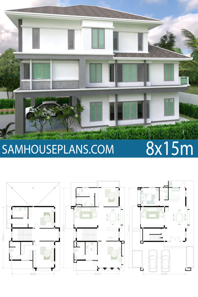 House Plan 8x15m with 5 Bedrooms - SamHousePlans