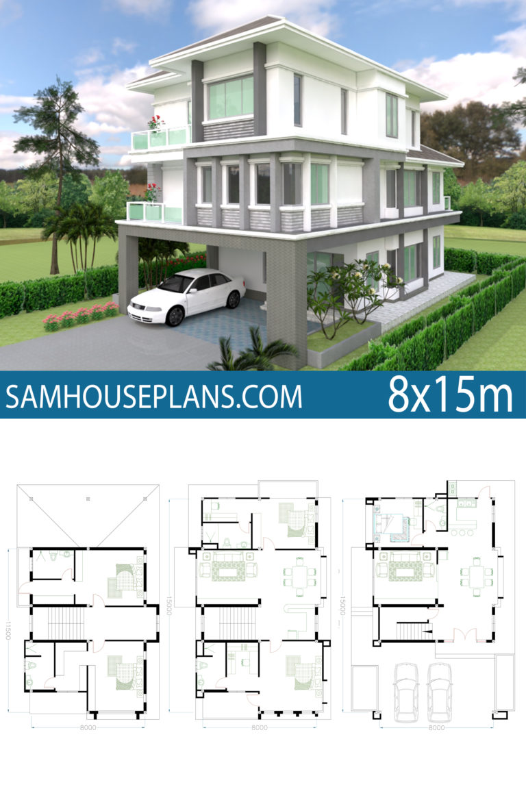 House Plan 8x15m with 5 Bedrooms - SamHousePlans