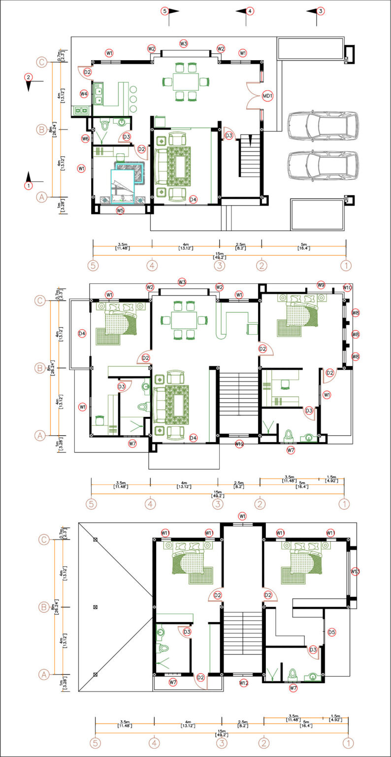 House Plan 8x15m with 5 Bedrooms - SamHousePlans