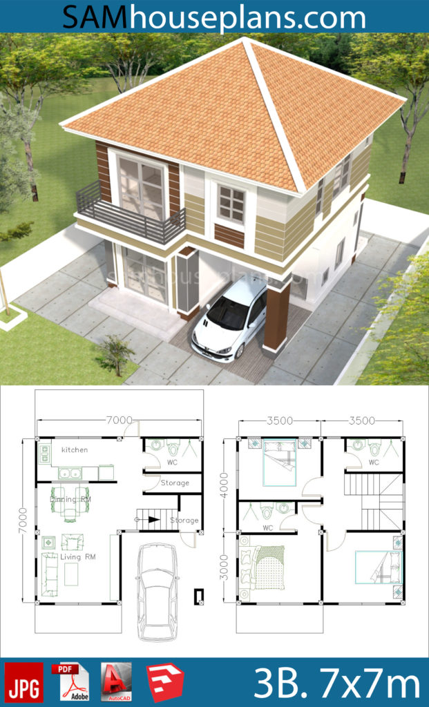 House Plans 7x7m with 3 Bedrooms - SamHousePlans