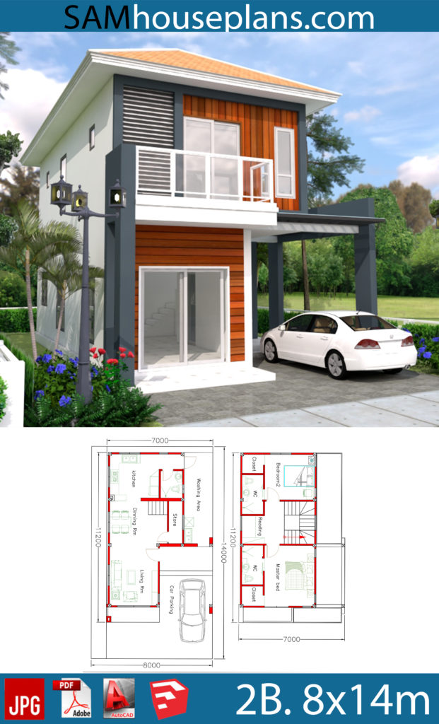 House Plans 8x14m with 2 bedrooms - SamHousePlans