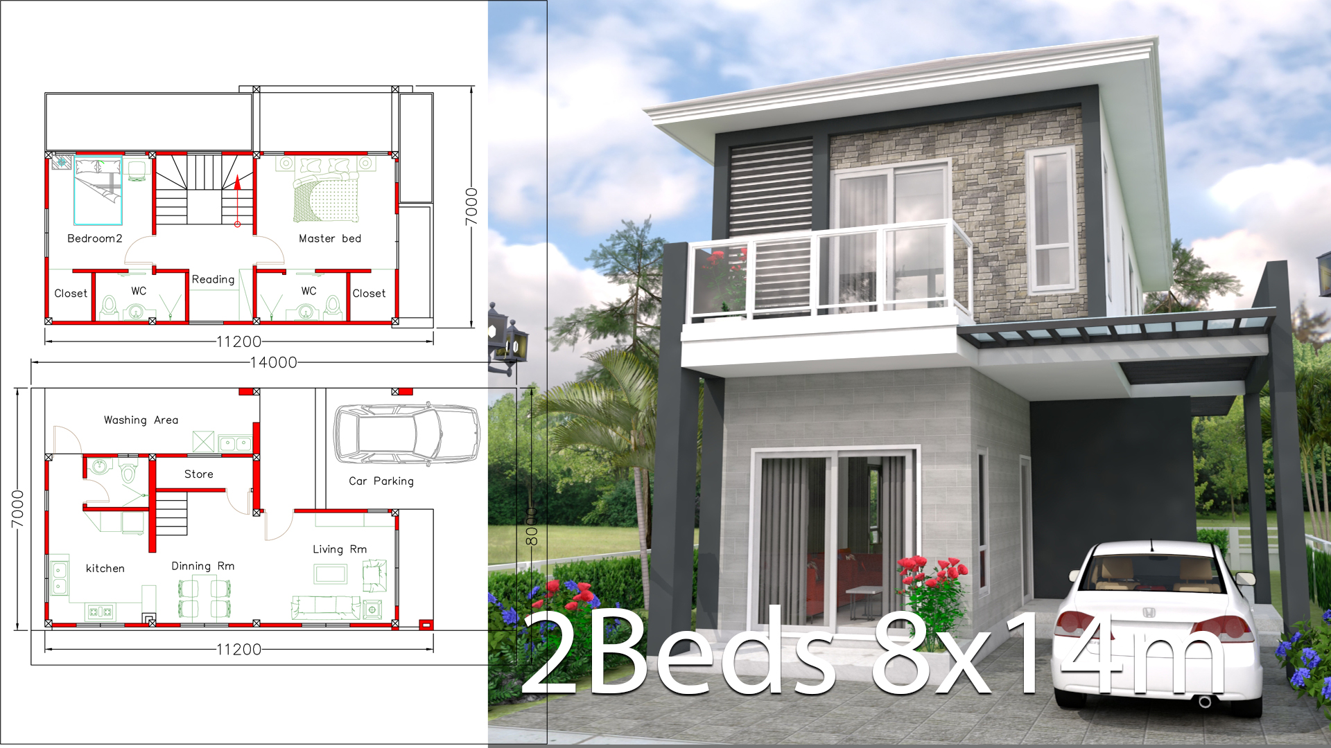 House Plans 8x14m with 2 bedrooms - SamHousePlans