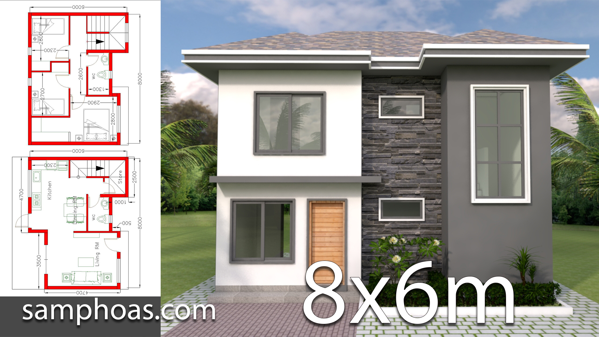 House Plans 8x6m with 3 Bedrooms - SamHousePlans