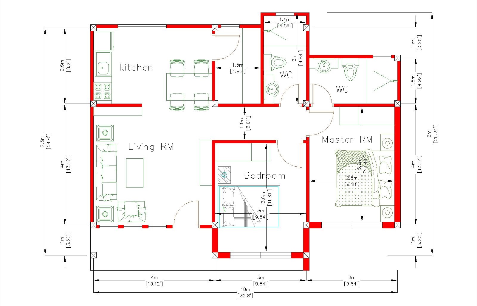 House Plans 10x8m with 2 Bedrooms - SamHousePlans