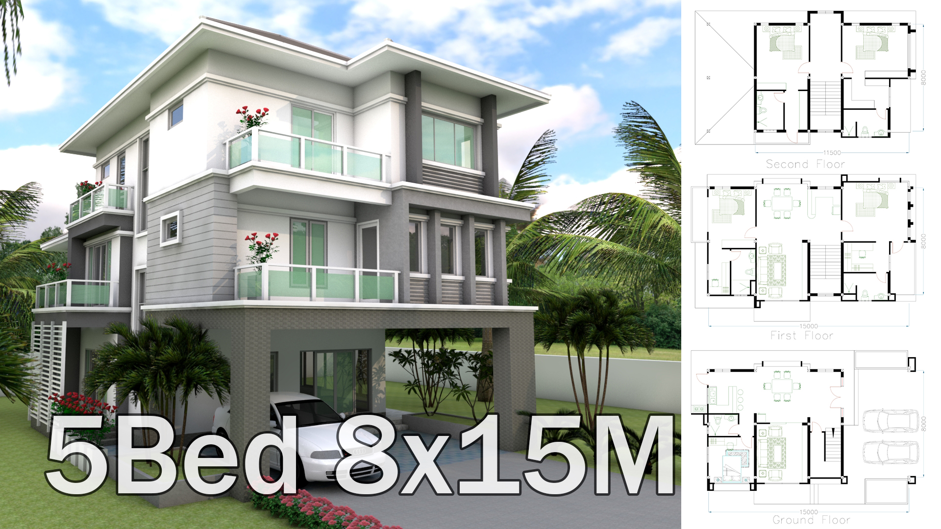 House Plan 8x15m with 5 Bedrooms - SamHousePlans