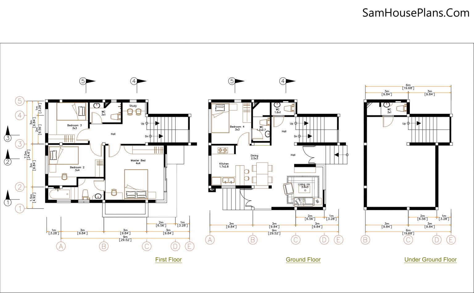 House Plans 7.5x9 with 4 Bedrooms - SamHousePlans
