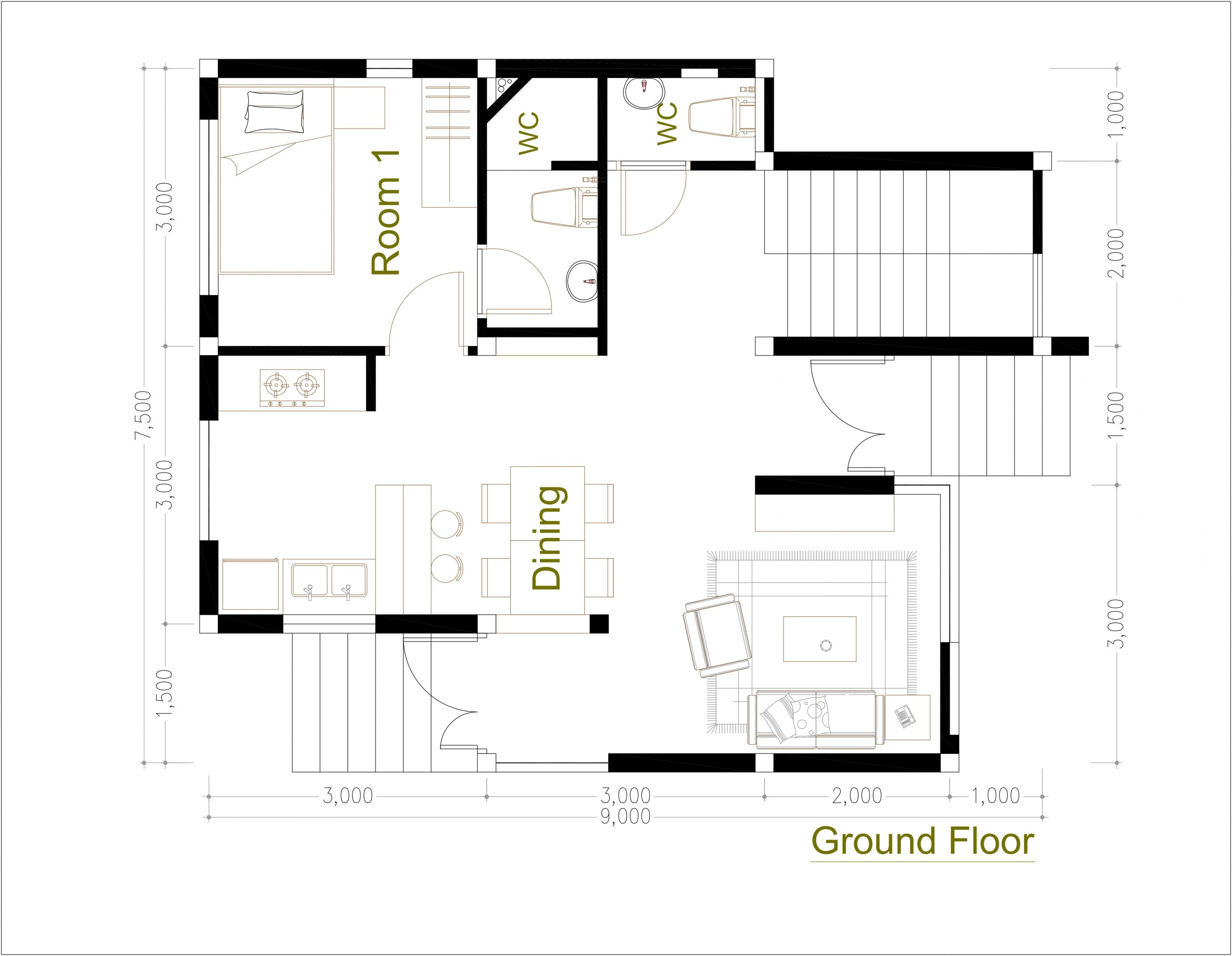House Plans 7.5x9 with 4 Bedrooms - SamHousePlans
