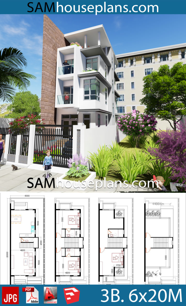 House Plans 6x20 with 3 Bedrooms - SamHousePlans