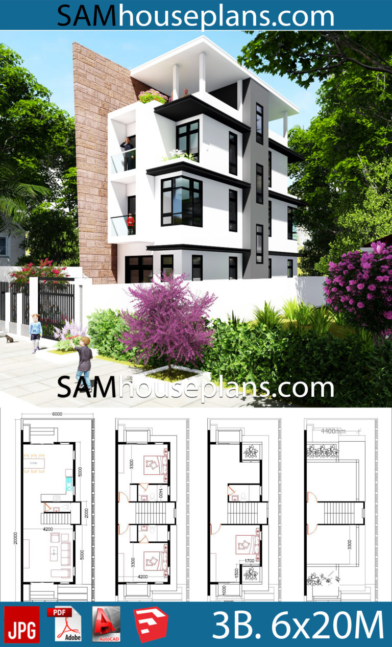 House Plans 6x20 with 3 Bedrooms - SamHousePlans