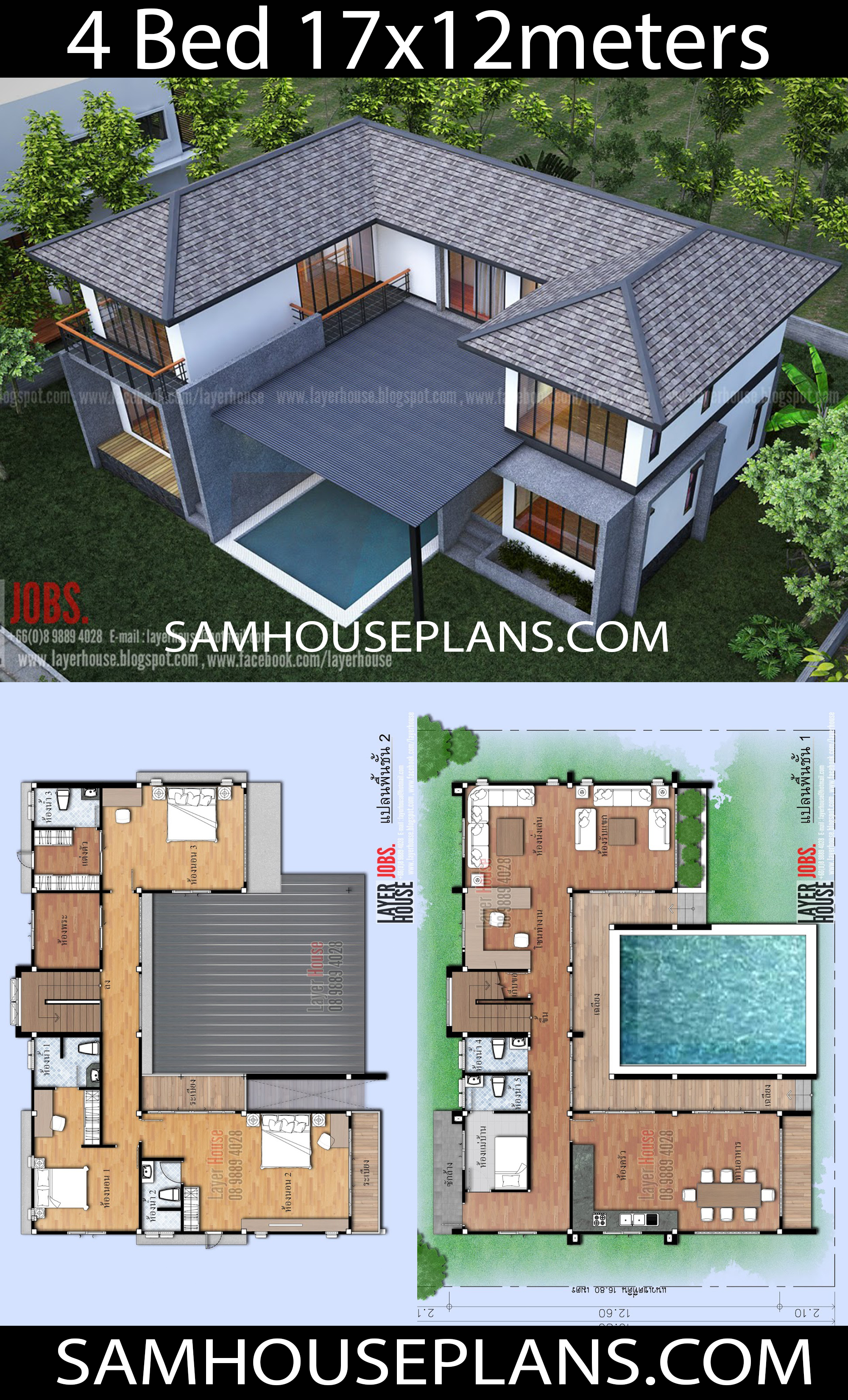 House Plans Idea 17x12 m with 4 bedrooms - SamHousePlans