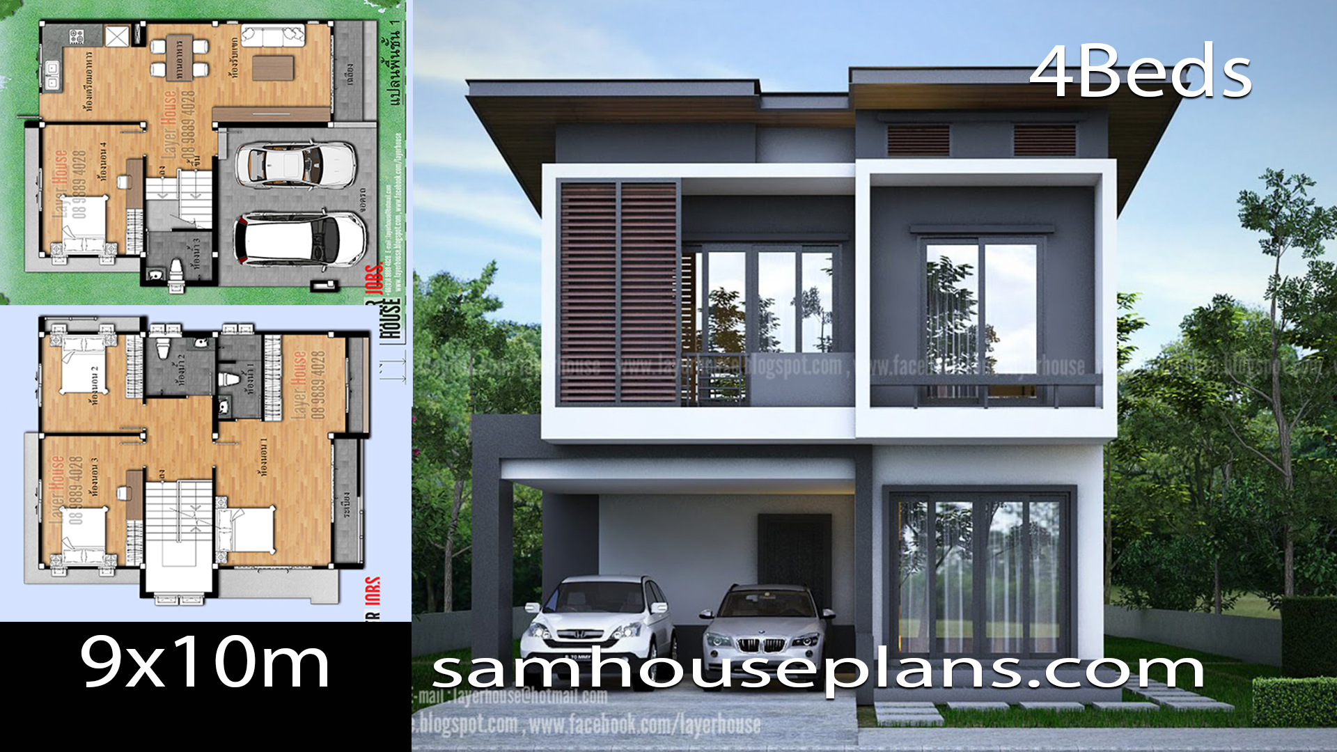 House Plans Idea 9x10m with 4 Bedrooms - SamHousePlans