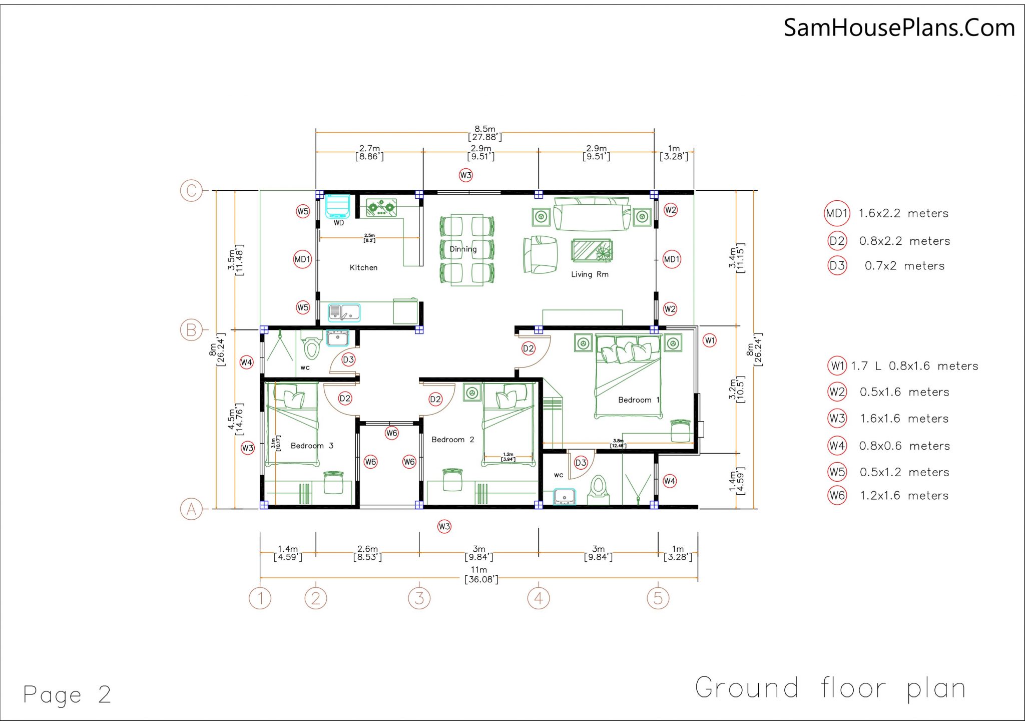 House Plans 8x11 with 3 bedrooms Full Plans - SamHousePlans