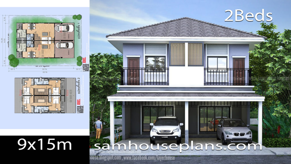 Twin House plans idea 9x15m with 2 Bedrooms each - SamHousePlans