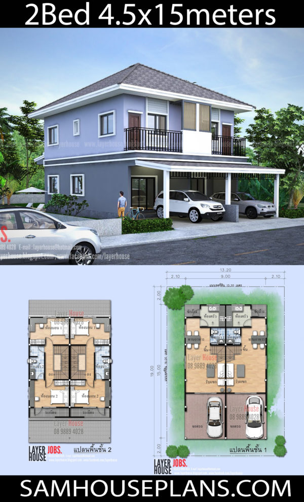 Twin House plans idea 9x15m with 2 Bedrooms each - SamHousePlans