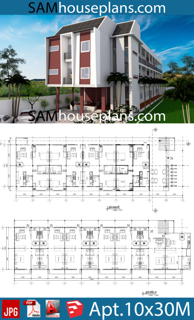 Apartment Plans 10x30 with 18 Units - SamHousePlans