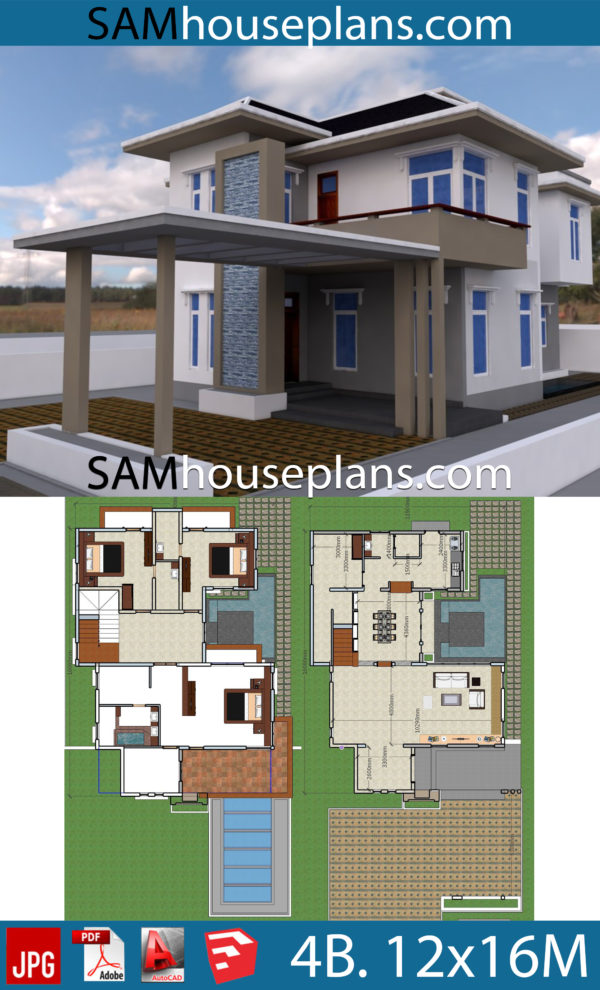 House Plans 12x16 with 4 Bedrooms - SamHousePlans