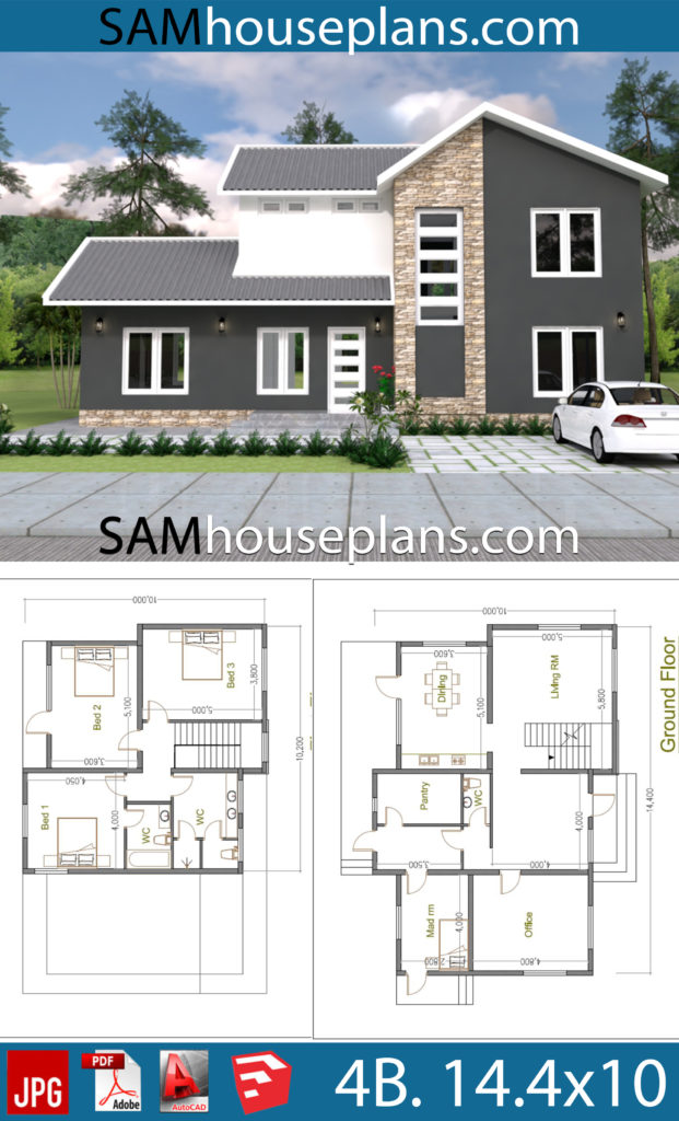 House Plans 14.4x10 with 4 Bedrooms - SamHousePlans