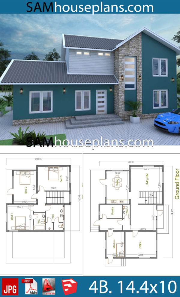 House Plans 14.4x10 with 4 Bedrooms - SamHousePlans