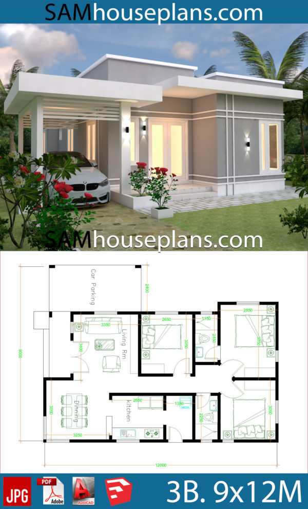 House Plans 9x12 with 3 Bedrooms - SamHousePlans