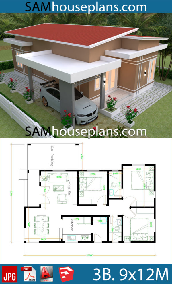 House Plans 9x12 with 3 bedrooms roof tiles - SamHousePlans