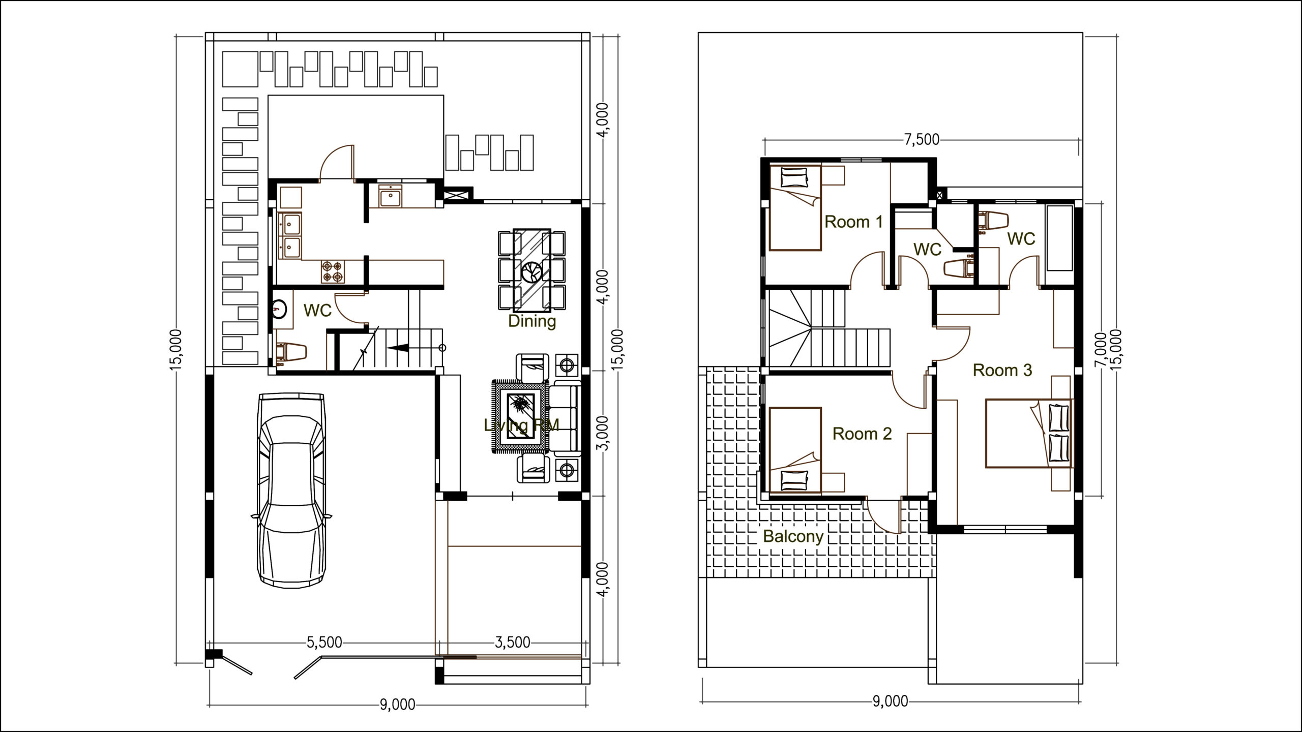 House Plans 9x15 with 3 Bedrooms - SamHousePlans