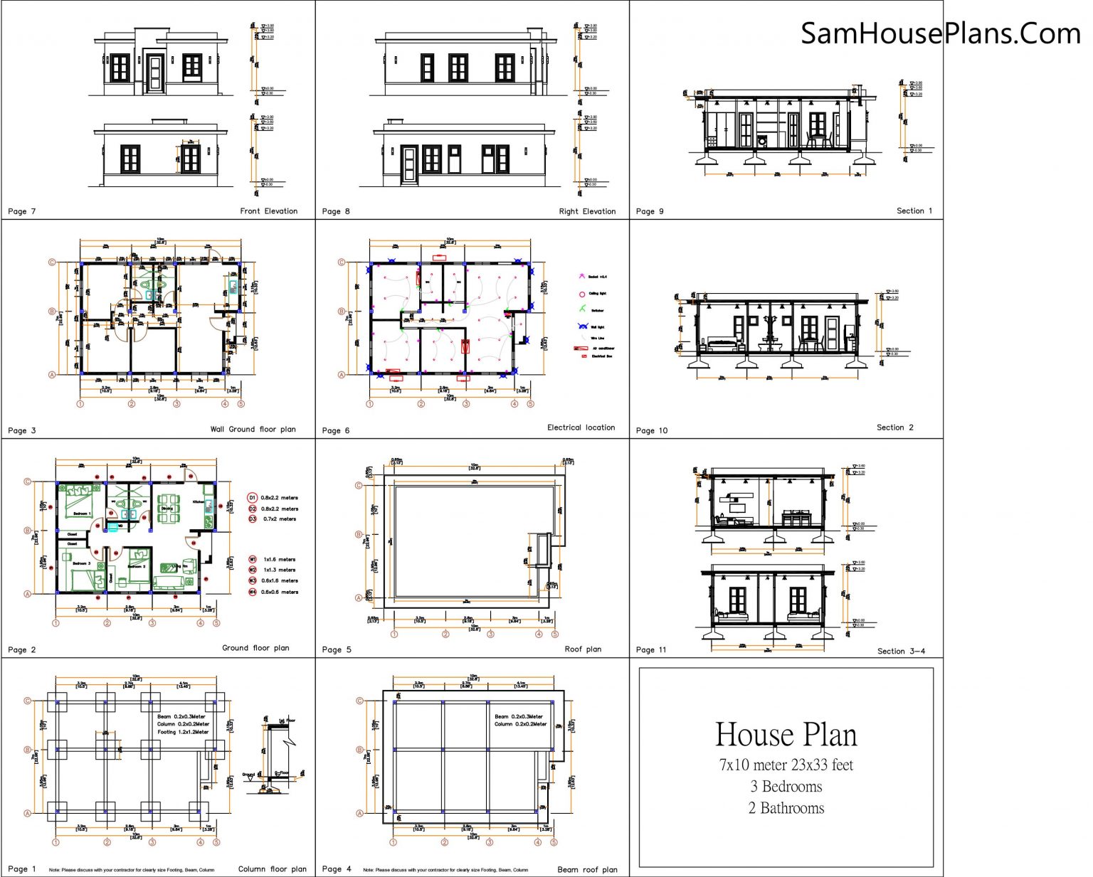 House Plans 7x10 with 3 Bedrooms with terrace roof - SamHousePlans
