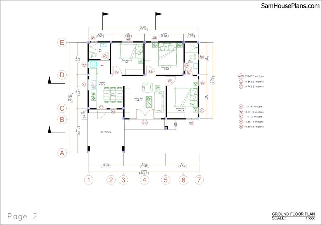 House Plans 10x10 with 3 Bedrooms - SamHousePlans