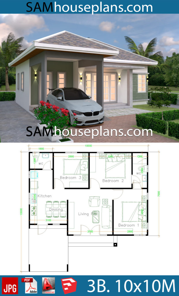 House Plans 10x10 with 3 Bedrooms - SamHousePlans