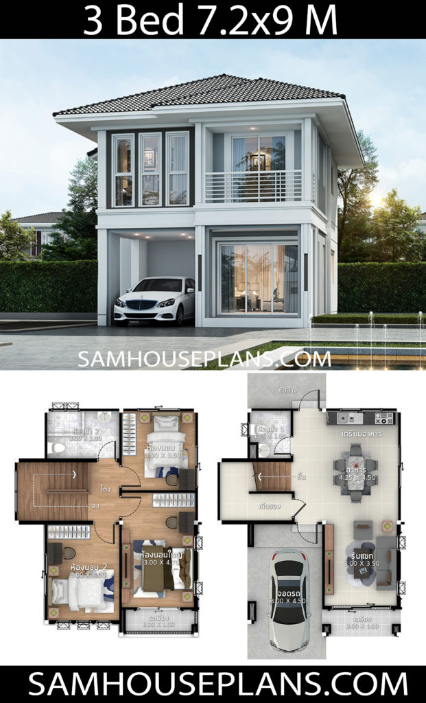 House Plans Idea 7.2x9 with 3 bedrooms - SamHousePlans