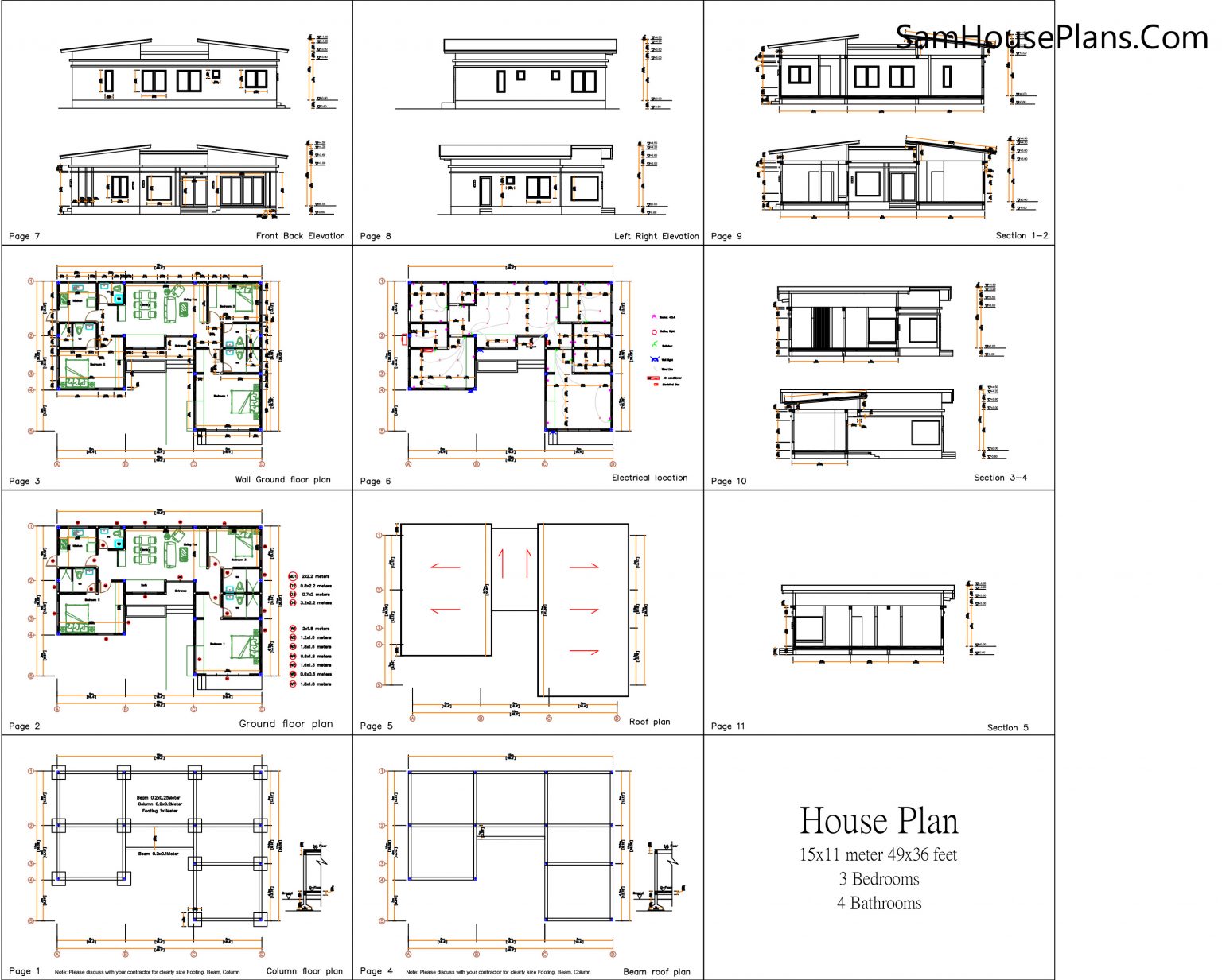 House Plans idea 17x13 with 3 Bedrooms Slope roof - SamHousePlans