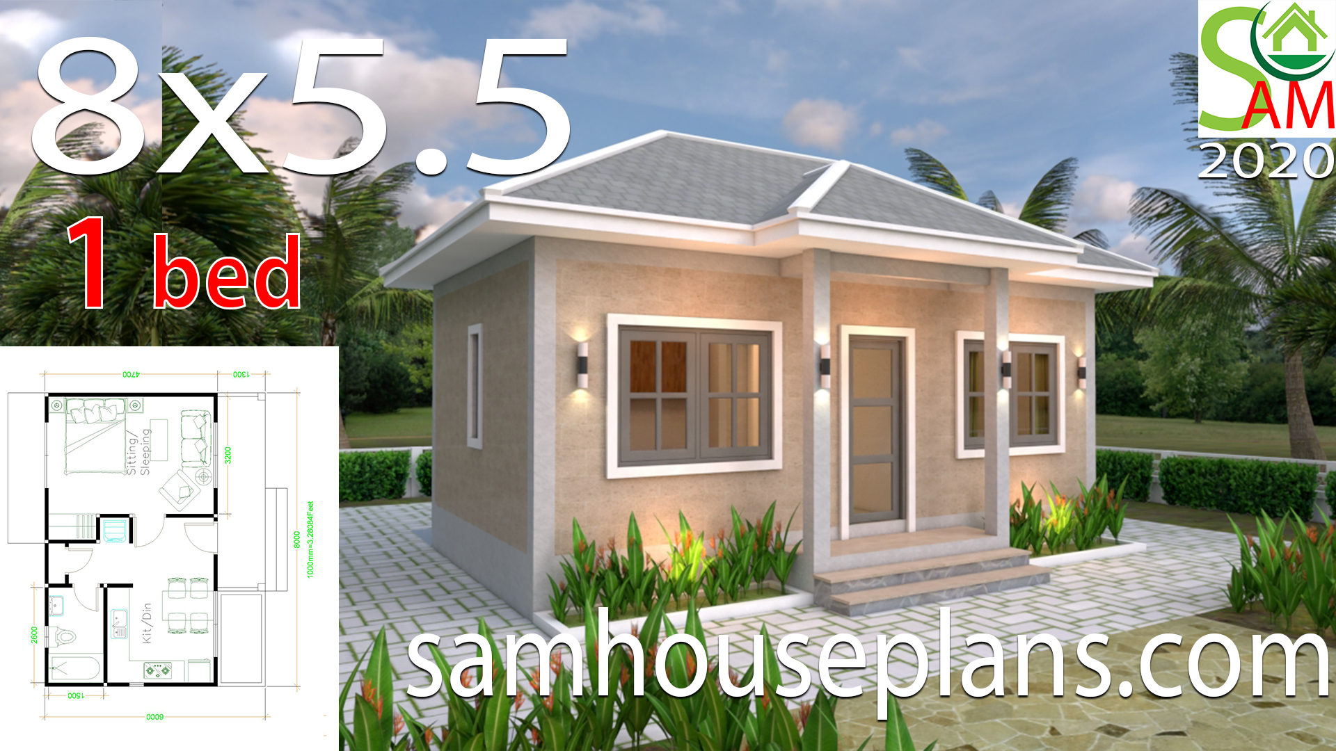 House Plans 8x5 5 With One Bedrooms Gross Hipped Roof Samhouseplans