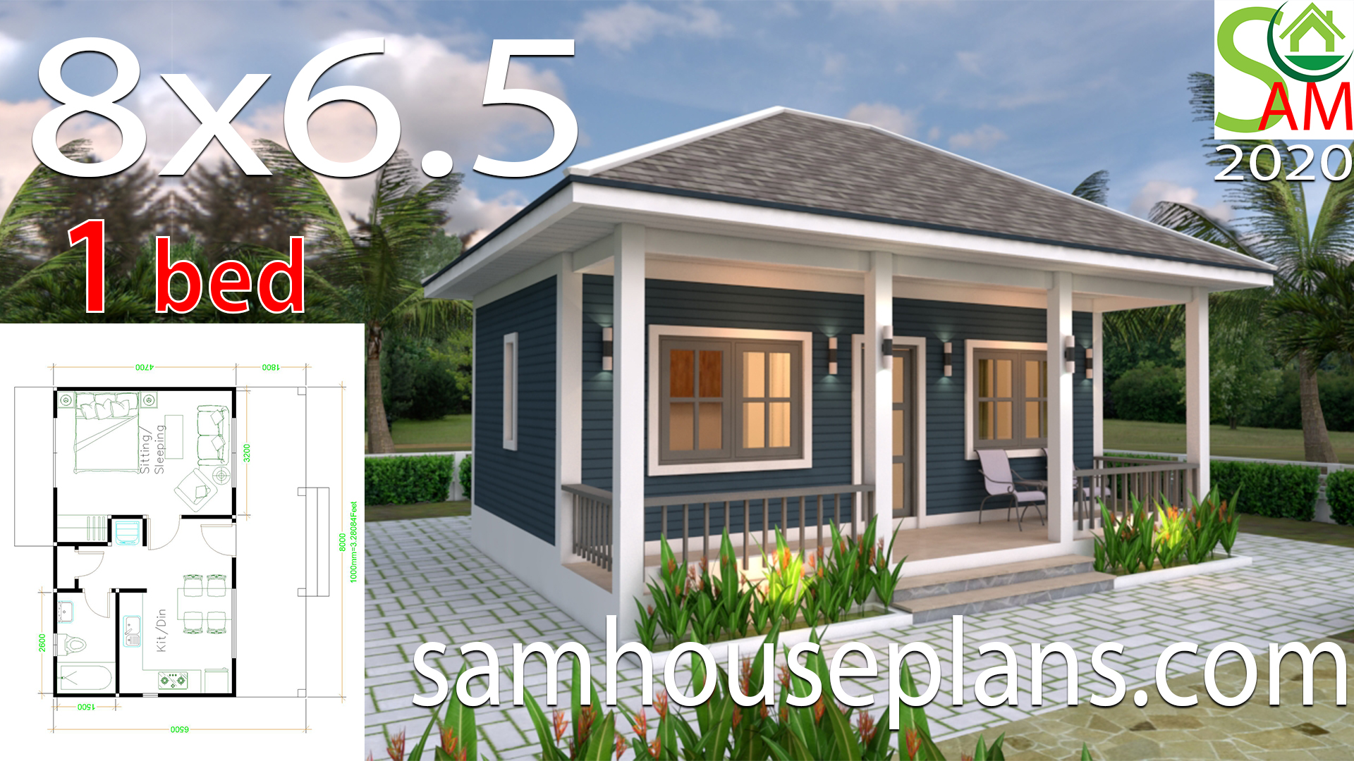 House Plans 8x6.5 with One Bedrooms Hip roof - SamHousePlans