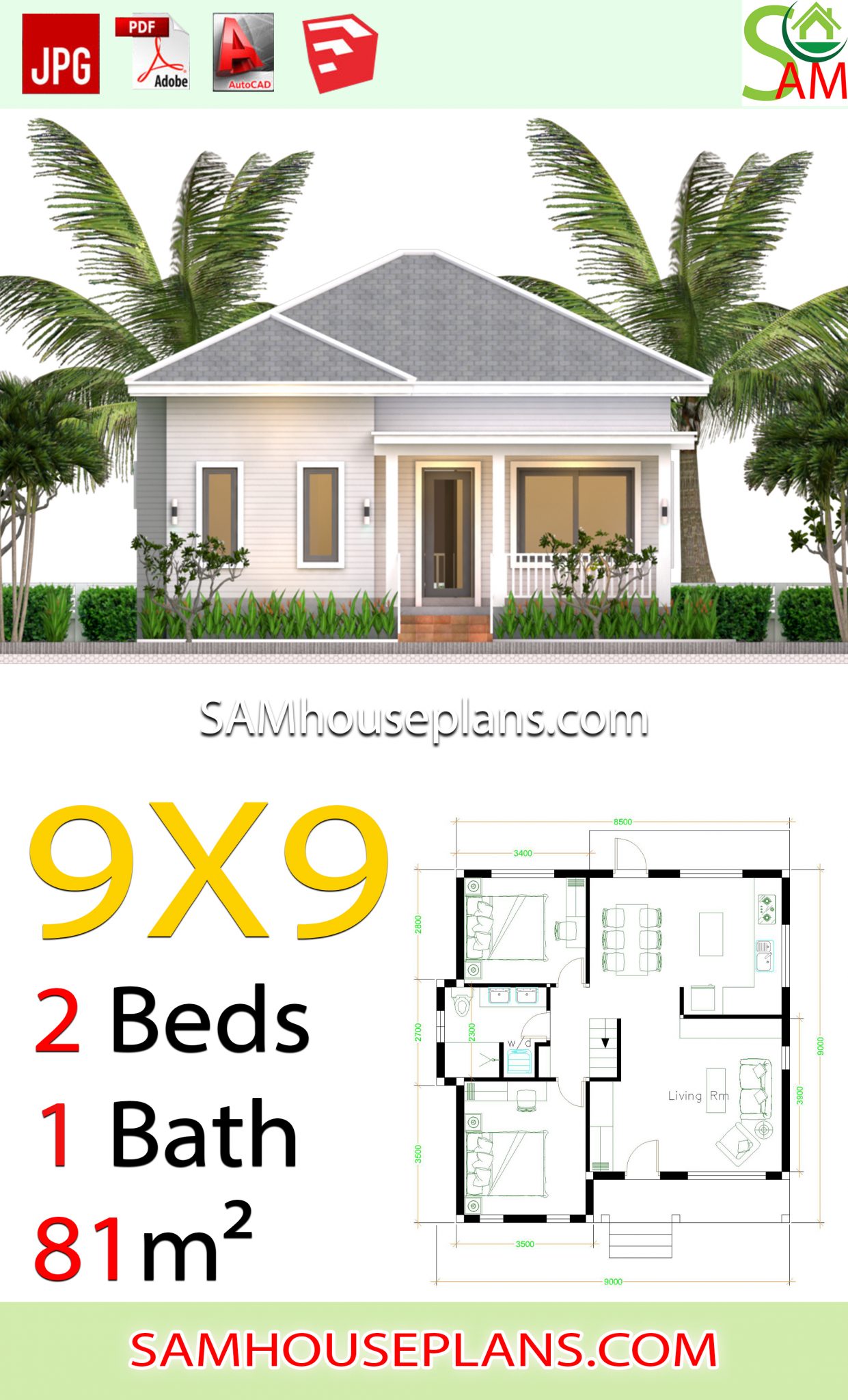 House Plans 9x9 with 2 Bedrooms Hip Roof - SamHousePlans