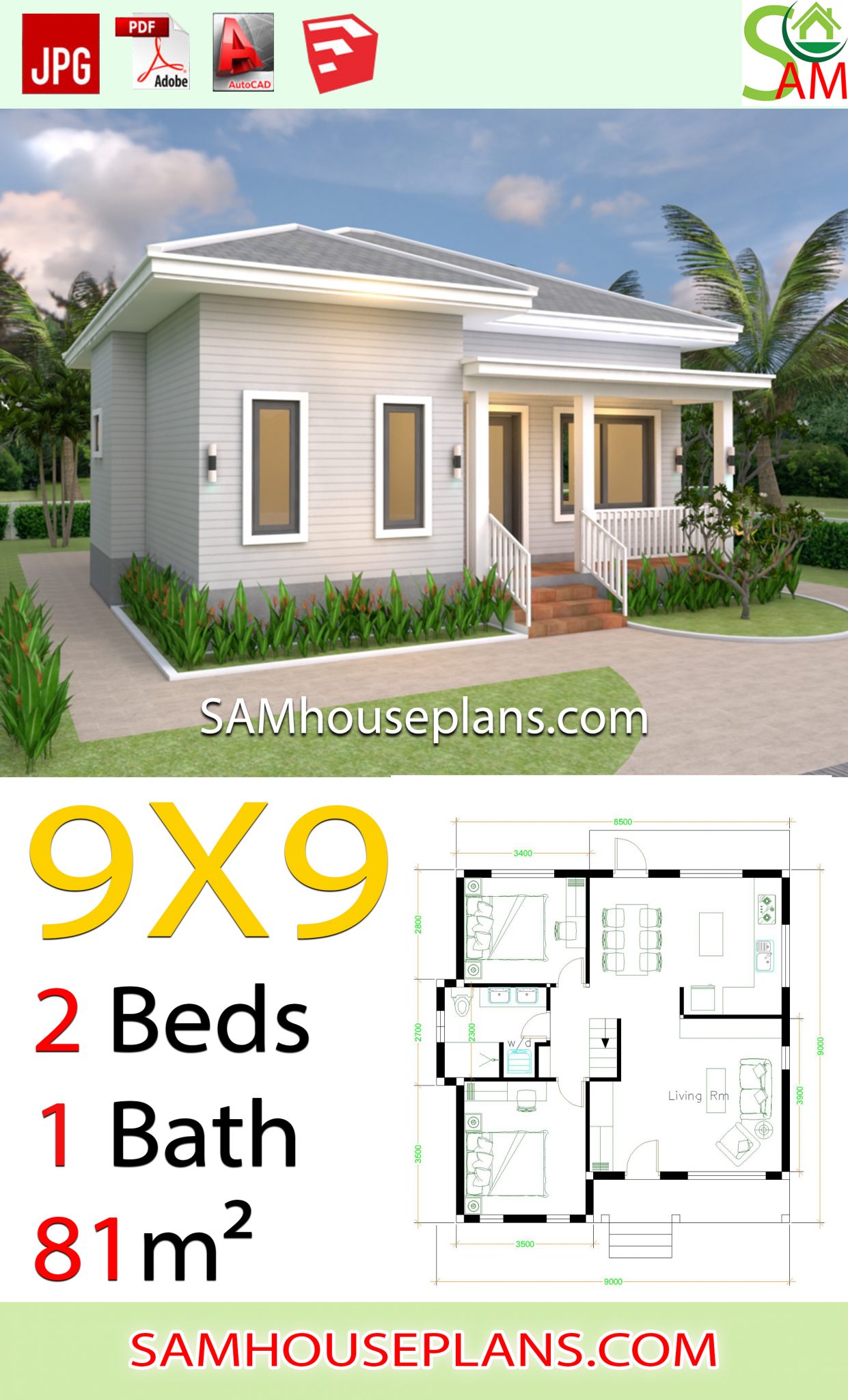 House Plans 9x9 with 2 Bedrooms Hip Roof - SamHousePlans