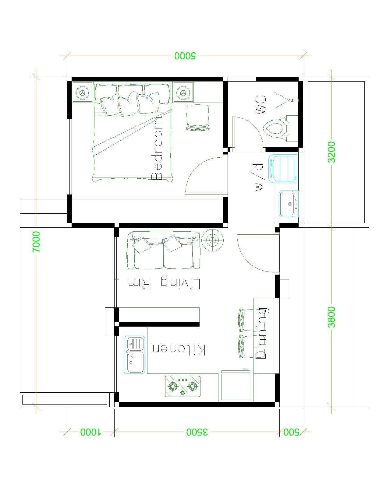 House Design Plans 5x7 with One Bedroom Gable Roof - SamHousePlans