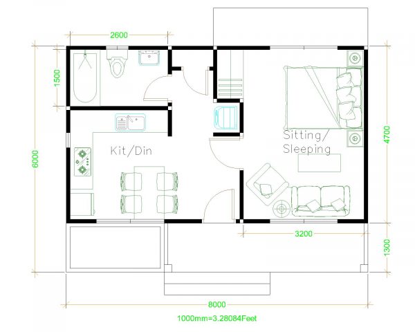 House Plans 8x6 with One Bedrooms Shed roof - SamHousePlans