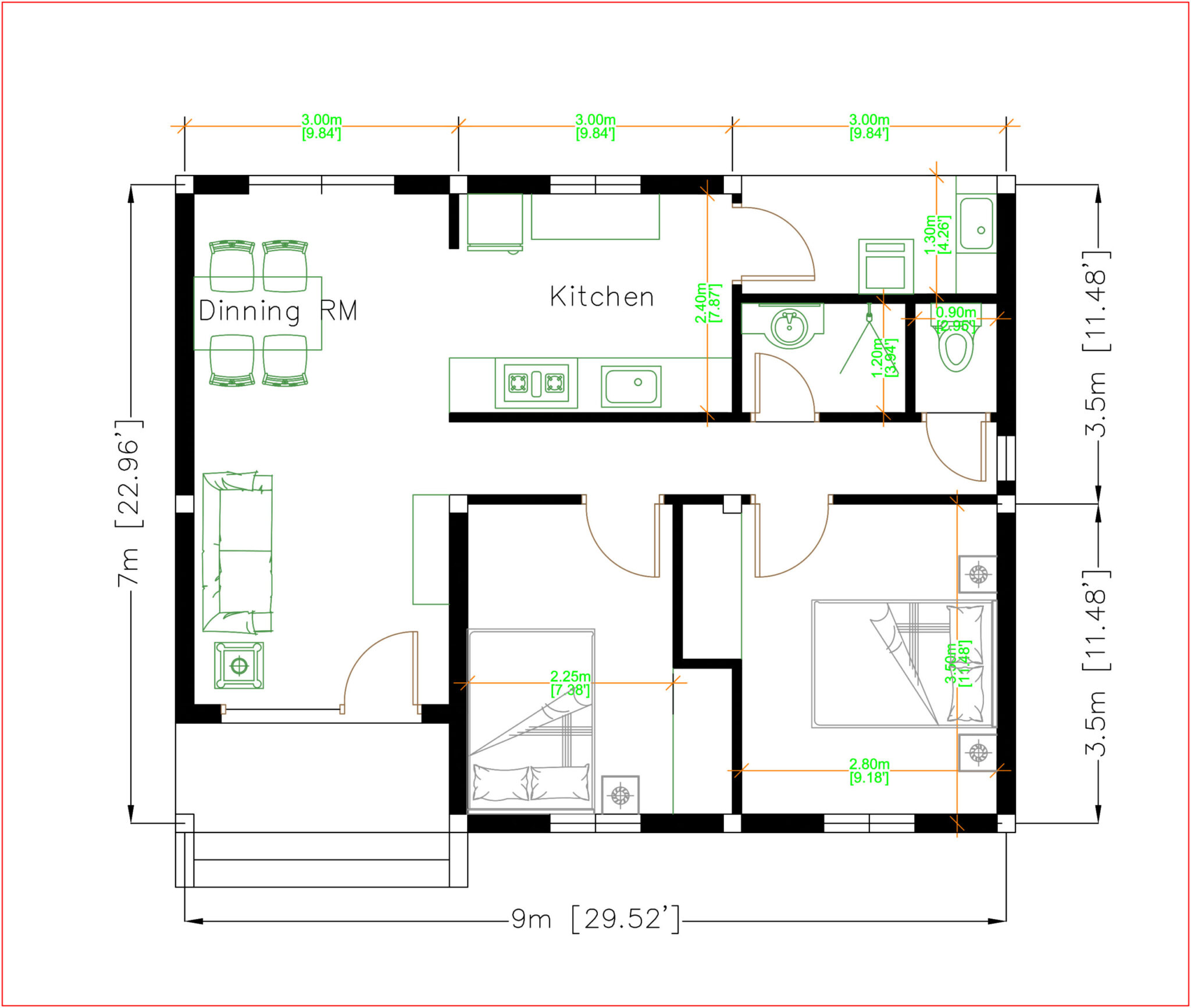 Small House Plans 9x7 with 2 Bedrooms Gable Roof - SamHousePlans