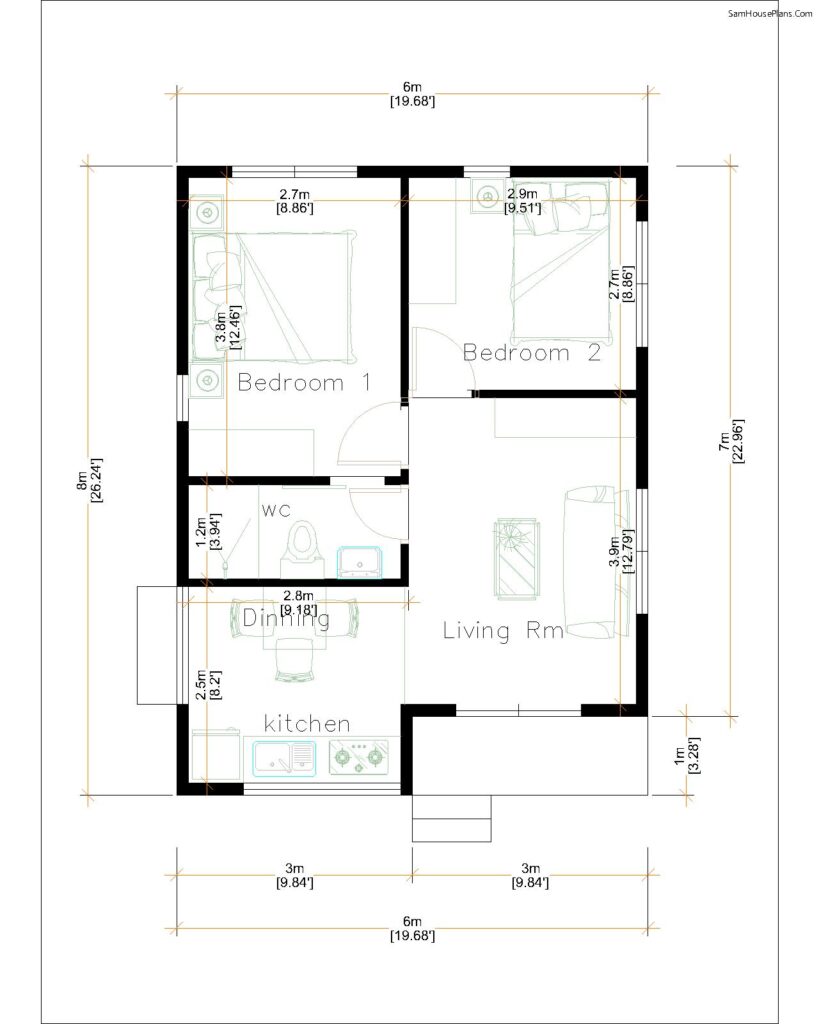 Small House Plans 6x8 with 2 Bedrooms Full Plans - SamHousePlans