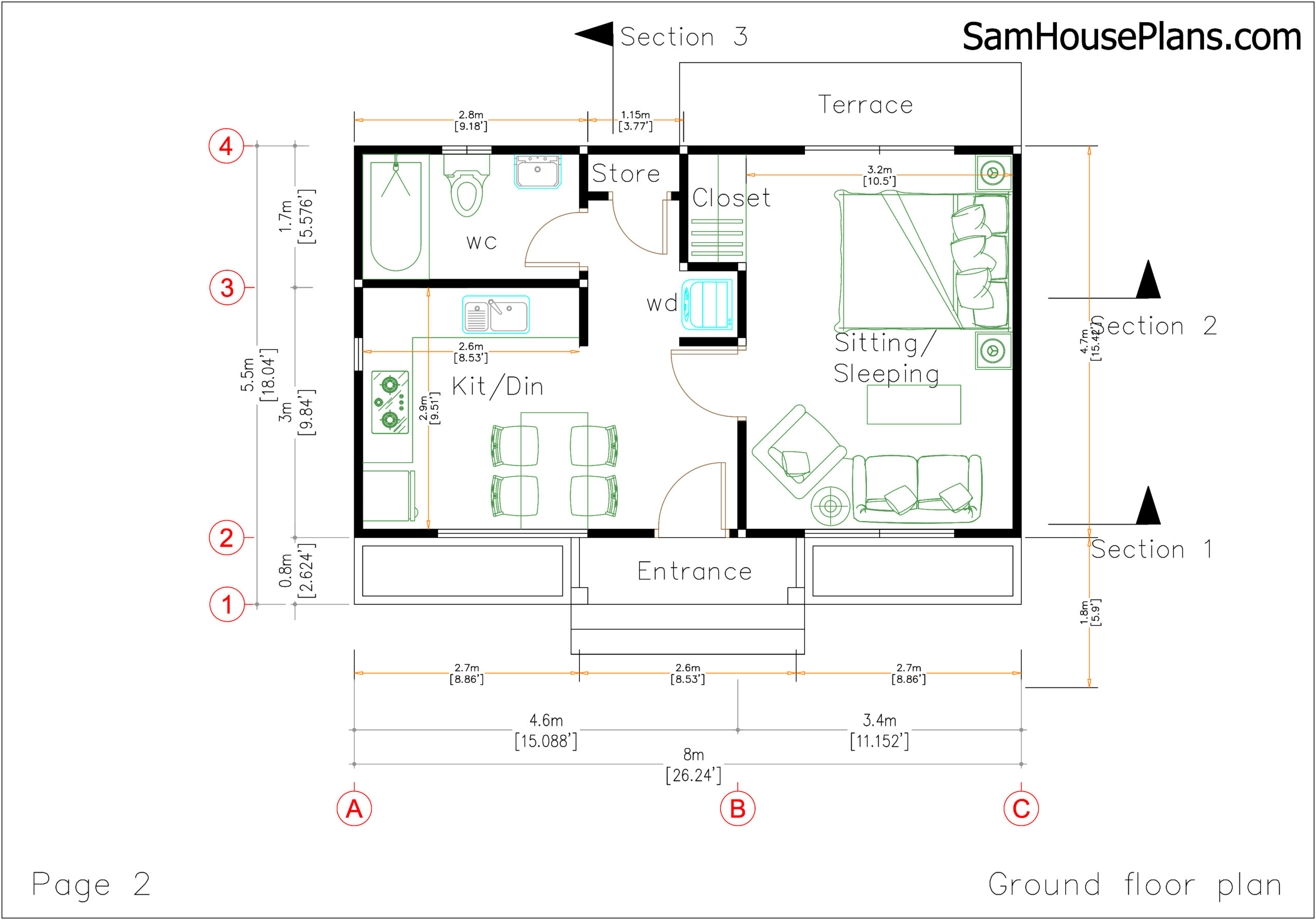 House Plans 8x5 5 With One Bedrooms Gross Hipped Roof Samhouseplans