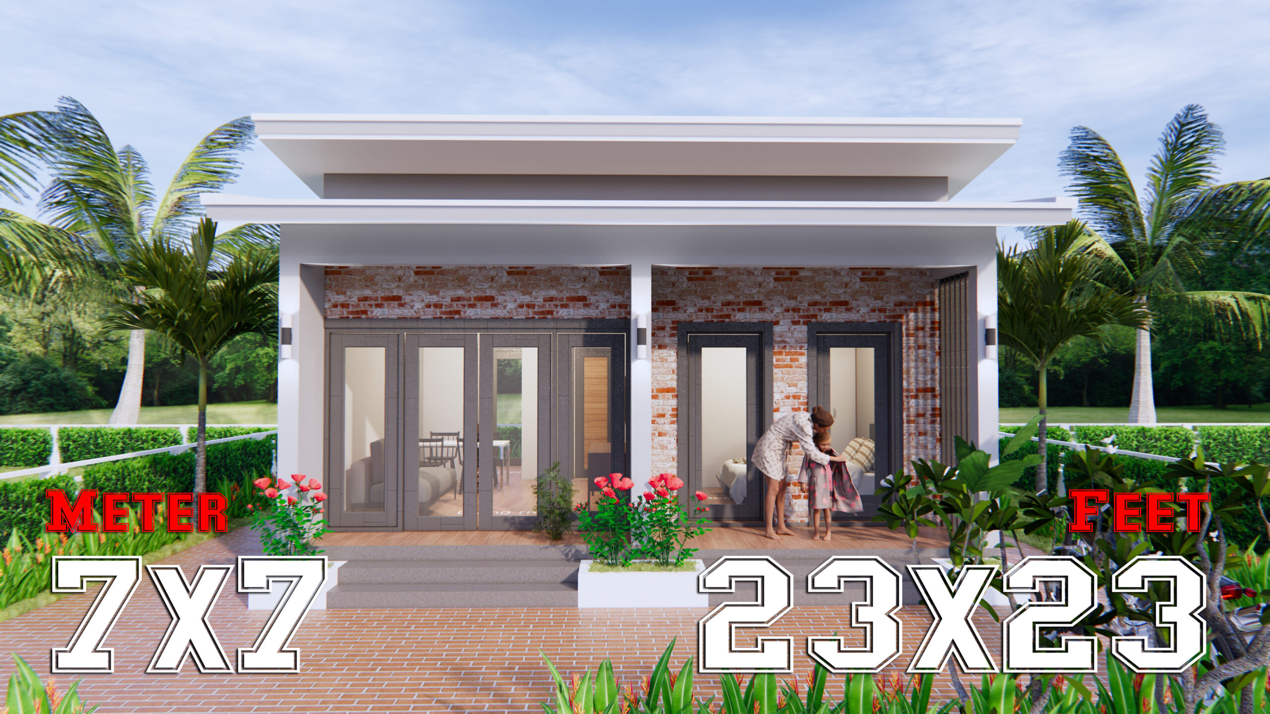 Small Cabin Plans 7x7 Meter 23x23 Feet Shed Roof - SamHousePlans